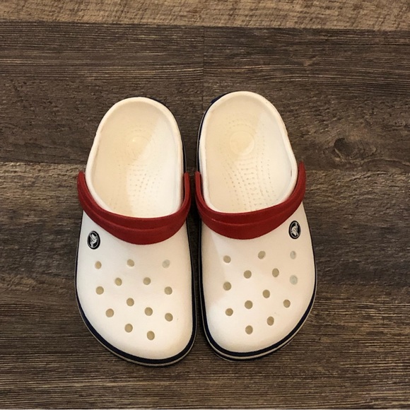 CROCS | Shoes | White Crocs With Navy Blue And Red Band Euc | Poshmark